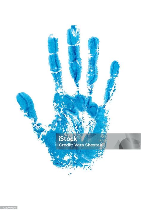 흰색 배경에 인간의 손의 블루 수채화 인쇄 닫닫기 핸드 프린트 일러스트 레이션 화려한 손바닥과 손가락 실루엣 마크 한 손 모양 그린 스탬프 정지 기호 그리기 각인 수채화에