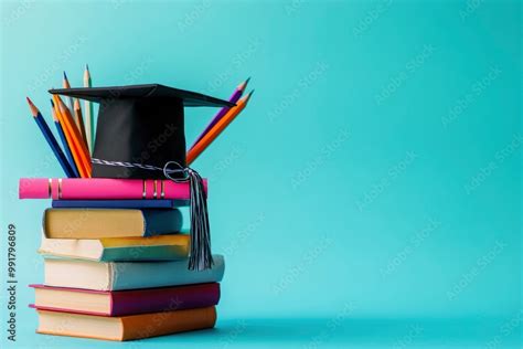 Graduation Day A Mortarboard And Graduation Scroll On Stack Of Books With Pencils Color In A