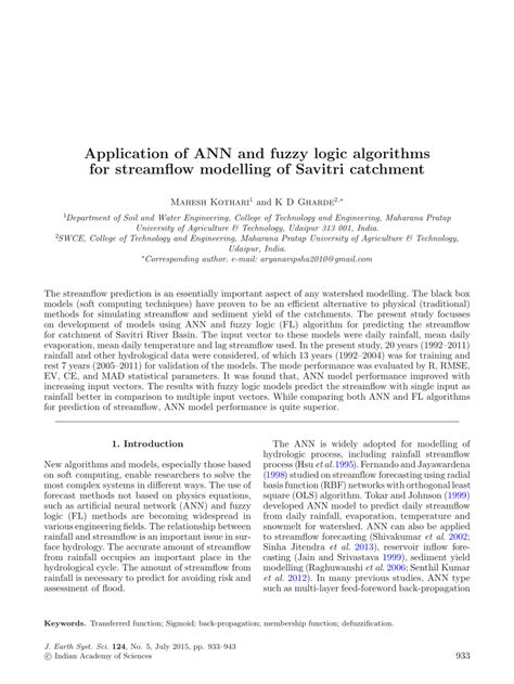 Pdf Application Of Ann And Fuzzy Logic Algorithms For Streamflow