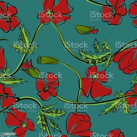 녹색 배경에 빨간 양 귀 비 큰 밝은 꽃과 꽃 완벽 한 패턴입니다 여름 벡터 일러스트 레이 션 인쇄 섬유 직물 포장지 꽃 나무에 대한 스톡 벡터 아트 및 기타 이미지