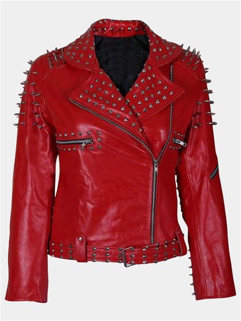 Handmade Womens Red Spike Studded Leather Jacket Asal Vision