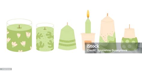 향기 양초 세트 흰색 배경에 고립 된 수제 향기로운 촛불 휘게 타임과 수공예 아로마 테라피와 휴식 가정 장식 벡터 손으로 그린 그림 0명에 대한 스톡 벡터 아트 및 기타