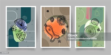 추상 포스터 모음입니다 현대 미술 인쇄 템플릿 세트입니다 벽 장식 엽서 또는 브로셔 디자인을 위한 창의적인 손으로 그린 그림 세트 벡터 아트와 수채화 가리기에 대한 스톡