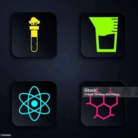 화학 식 테스트 튜브 및 플라스크 화학 물질 원자 및 실험실 유리 제품 또는 비커를 설정합니다 검은 정사각형 버튼 벡터 0명에 대한 스톡 벡터 아트 및 기타 이미지 Istock