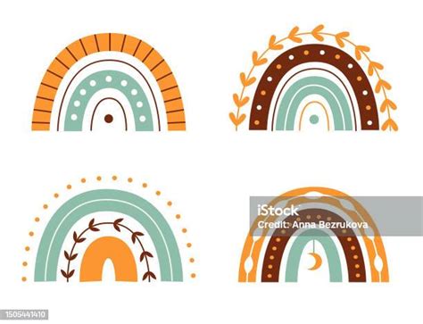 패턴과 꽃 장식이 있는 추상적인 양식화된 장식용 보헤미안 무지개 세트 실내 장식 포스터 의류 장식 흰색 배경에 평평하게 격리된