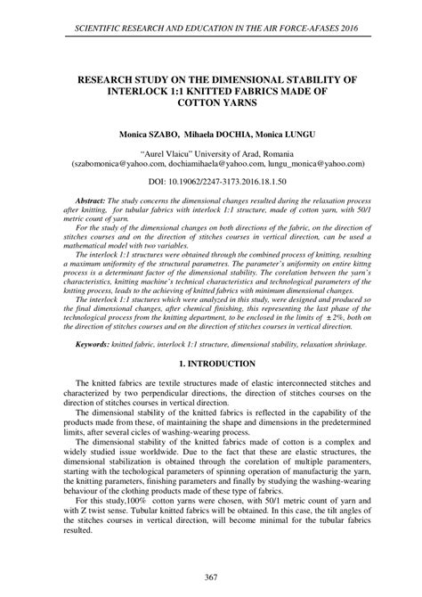 PDF RESEARCH STUDY ON THE DIMENSIONAL STABILITY OF INTERLOCK 1 1 KNITTED FABRICS MADE OF