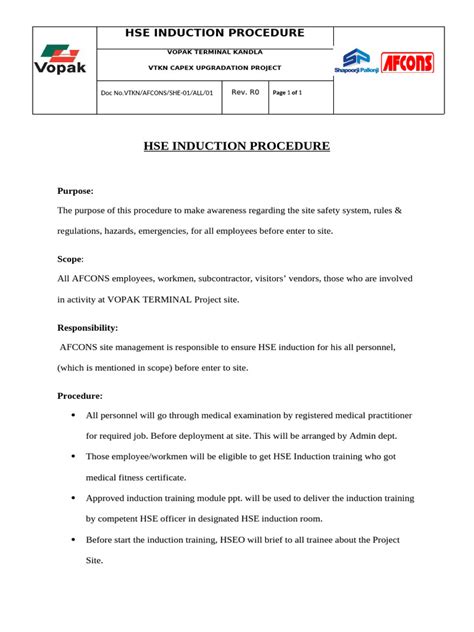 Hse Induction Procedure Pdf