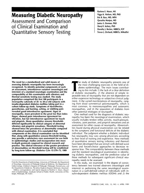 Pdf Measuring Diabetic Neuropathy Assessment And Comparison Of Clinical Examination And