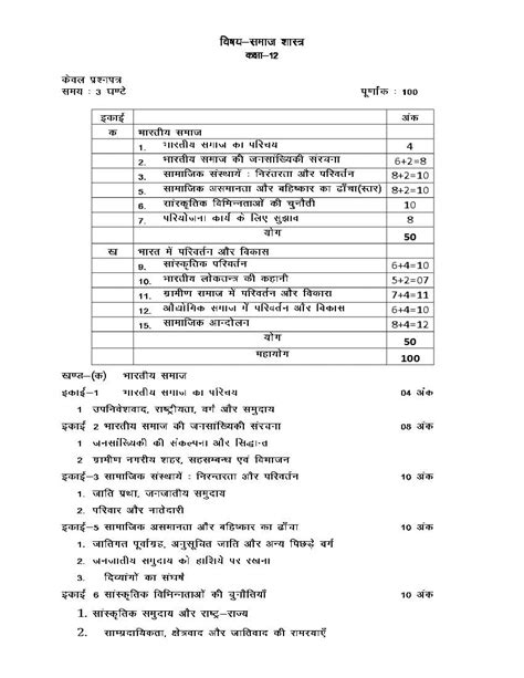 Up Board Class 12 Syllabus 2024 Sociology New Pdf Download