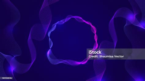 다이내믹한 파란색과 보라색 입자는 진한 파란색 추상적인 배경에 물결을 일으킨다 추상적인 사운드 시각화 발광 입자의 파동 흐름의 디지털 구조 3차원 형태에 대한 스톡 벡터