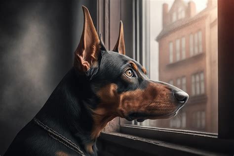 Premium Ai Image Doberman Pinscher Sitting On Windowsill Looking Out At The View Created With