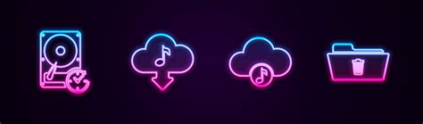 시계 방향으로 정렬 라인 하드 디스크 드라이브를 설정 클라우드 다운로드 음악 음악 스트리밍 서비스 및 폴더 삭제 빛나는 네온 아이콘 벡터 노트에 대한 스톡 벡터 아트 및