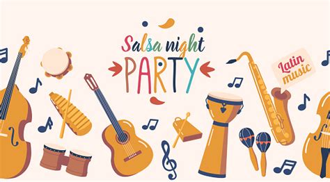 다양한 라틴계 악기 첼로 기타 드럼 마라카스 및 색소폰을 특징으로 하는 생생한 이음매 없는 패턴 Classical Concert에 대한 스톡 벡터 아트 및 기타 이미지