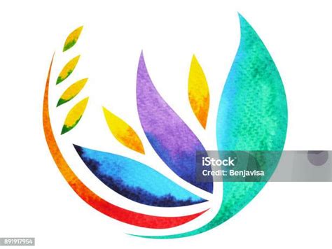차크라 기호 개념의 7 색 꽃 꽃 잎 수채화 그림 손 그려진된 아이콘 아이콘 일러스트 레이 션 디자인 로그인 로고에 대한 스톡
