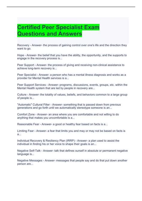 certified peer specialist exam questions and answers calmhsa medi cal peer support stuvia us