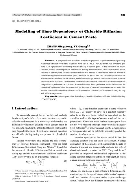 Pdf Modelling Of Time Dependency Of Chloride Diffusion Coefficient In Cement Paste