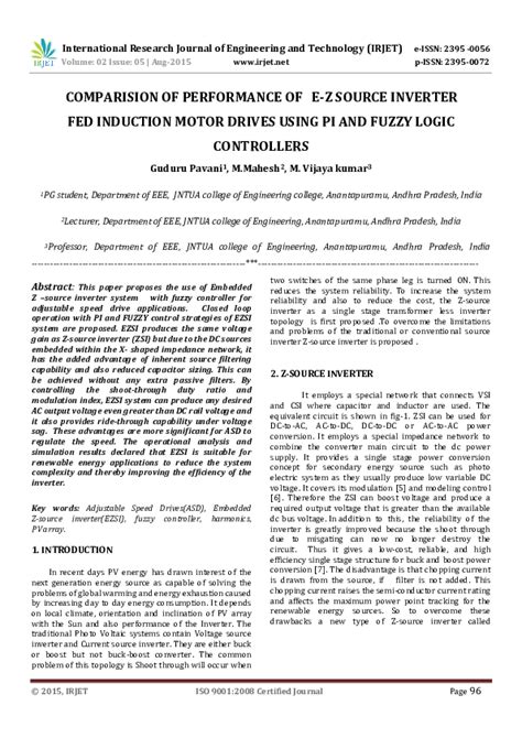 Pdf Irjet Comparision Of Performance Of E Z Source Inverter Fed Induction Motor Drives Using