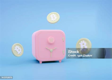 파란색 배경에 비행 비트 코인 동전이있는 안전 상자 은행 예금 저장된 돈 개념 3d 렌더링 그림 3차원 형태에 대한 스톡 사진 및 기타 이미지 Istock