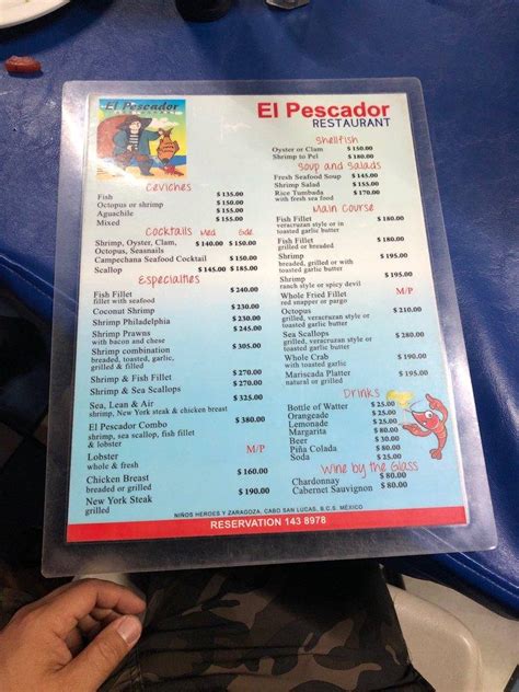 Menu At El Pescador Restaurant Cabo San Lucas Zaragoza Niños Heroes Y