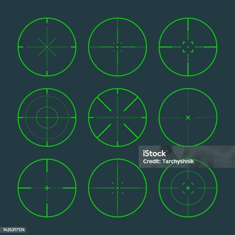 다양한 저격 소총 야간 명소 무기 광학 범위 십자선 사냥총 그린 뷰파인더 촬영 마크 기호 목표 군사 목표 표지판 게임 인터페이스 Ui 요소입니다 벡터 일러스트 레이 션
