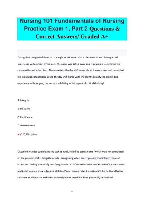 Nursing 101 Fundamentals Of Nursing Practice Exam 1 Part 2 Questions And Correct Answers Graded