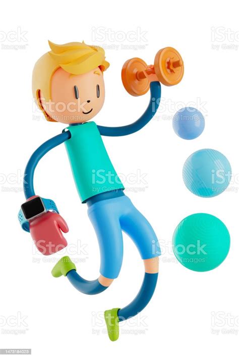 사람 만화 캐릭터 소년과 스포츠 개체를 가진 소녀 3d 그림입니다 피트니스 활동 행동 스포츠 경기에서 남자 건강한 개념입니다 3d 공 운동 액션스마트폰 스마트워치 디자인 3