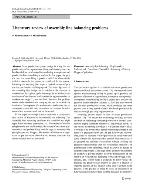 Pdf Literature Review Of Assembly Line Balancing Problems