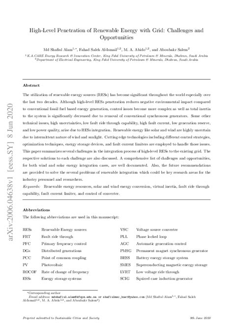 Pdf High Level Penetration Of Renewable Energy With Grid Challenges And Opportunities