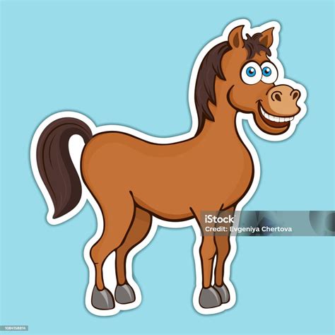 삽화 풍자 만화 컬러 파란색 배경에 흰색 선으로 절연 벡터 귀여운 재미 있는 갈색 웃는 말 스티커 디자인 요소 인쇄 화려한 손 그림 만화 캐릭터를 그렸습니다 0명에 대한