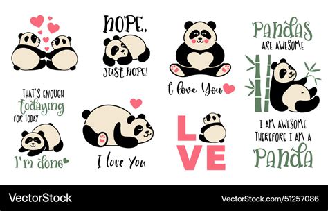 cute lazy pandas with funny inscriptions vector image