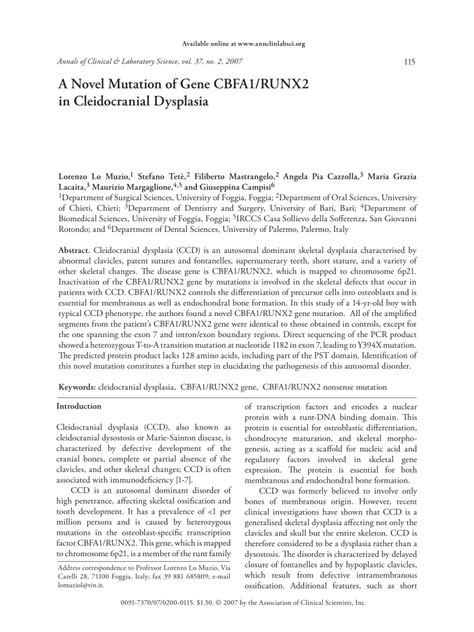 Pdf A Novel Mutation Of Gene Cbfa1runx2 In Cleidocranial Dysplasia