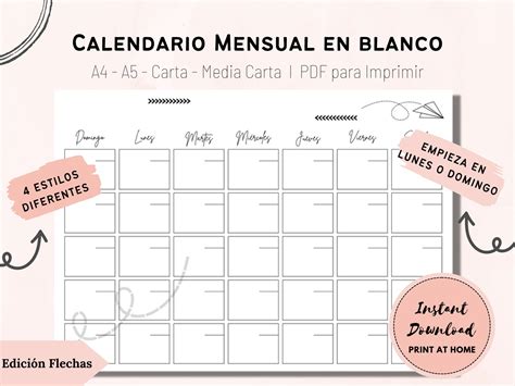 Calendario Mensual En Blanco Para Imprimir Pdf Planificador Mensual