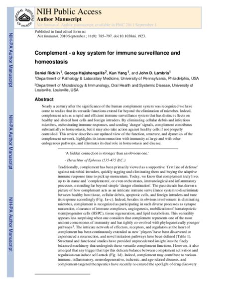 Pdf Complement A Key System For Immune Surveillance And Homeostasis