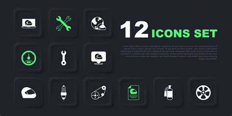 소화기 자동차용 합금 휠 렌치 스패너 레이싱 헬멧 속도계 자동차 점화 플러그 및 타이밍 벨트 키트 아이콘을 설정합니다 벡터 교통