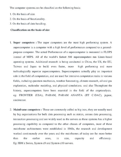 Computer Systems Classifications The Computer Systems Can Be Classified On The Following Basis
