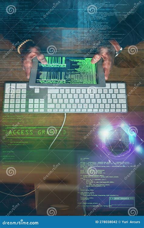 Hacking Man Hands And Tablet Screen With Gaming Software Code Access