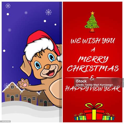 메리 크리스마스 인사말 카드 전단지 초대장 및 포스터 모자를 쓴 귀여운 강아지 캐릭터 디자인 가을에 대한 스톡 벡터 아트 및 기타 이미지 Istock
