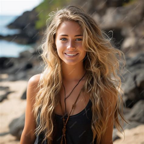 A Woman With Long Blonde Hair Is Smiling At The Beach Premium Ai