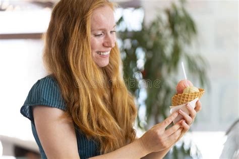 Woman Buying An Ice Cream In A Coffee Shop Stock Image Image Of