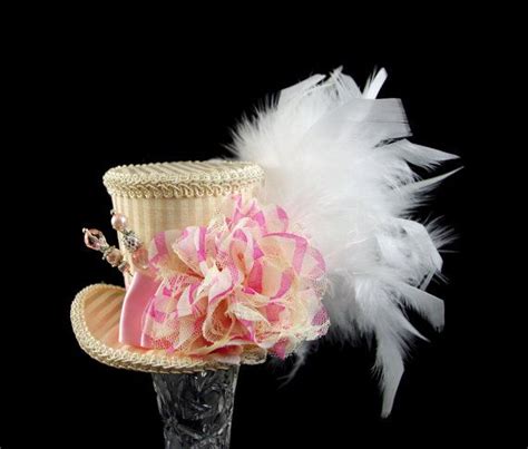 Cream And Pink Striped Shabby Chic Mad Hatter Mini Top Hat Fascinator