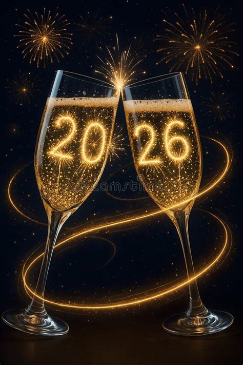 Champagne Glasses Clinking With Fireworks And 2026 Glow Stock Illustration Illustration Of