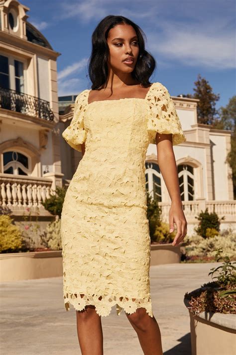 Lipsy Yellow Lace Occasion Dress In 2022 Yellow Midi Dress Dresses