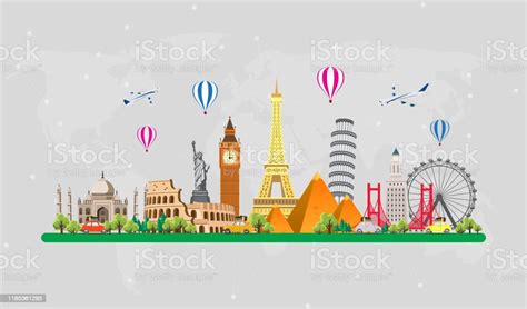 세계로 여행 여행 세계의 유명한 랜드 마크의 큰 세트 여행 관광 여름 휴가 시간입니다 여행의 다른 유형 플랫 디자인 벡터