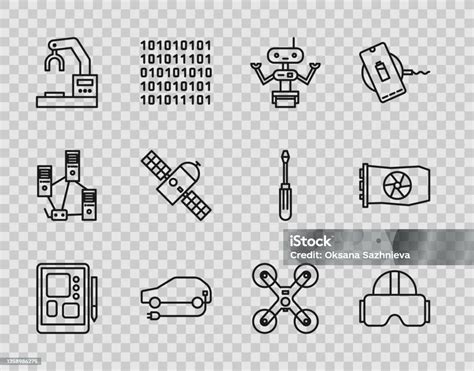 세트 라인 그래픽 태블릿 가상 현실 안경 로봇 전기 자동차 로봇 로봇 팔 손 공장 위성 무인 항공기 비행 및 비디오 그래픽 카드