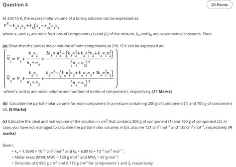 solved at 298 15 k the excess molar volume of a binary