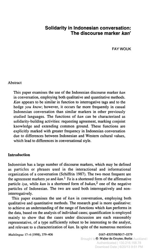 Pdf Solidarity In Indonesian Conversation The Discourse Marker Kan