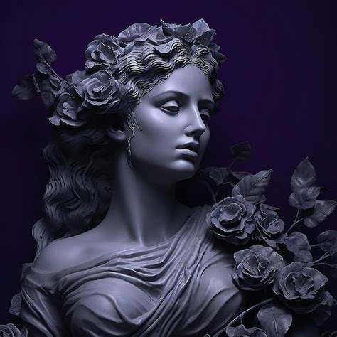 Premium Ai Image Lana Del Rey Ethereal Greek Sculpture In Silver With Purple Roses Amidst