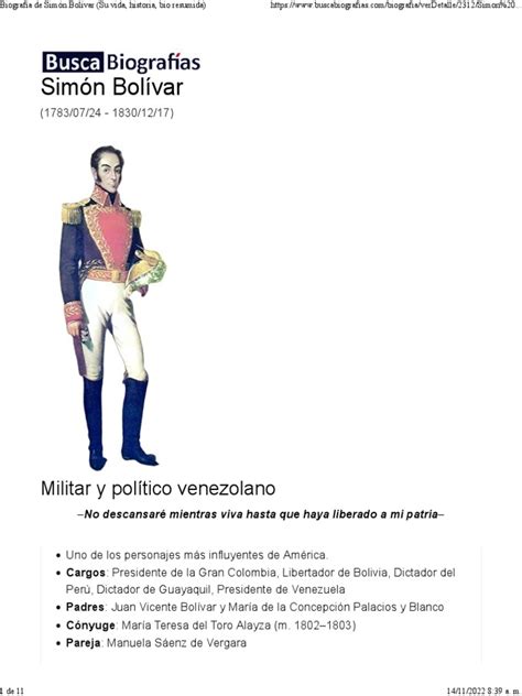Biografía De Simón Bolívar Su Vida Historia Bio Resumida Pdf