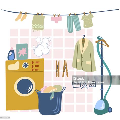 가정 세탁소 세탁기와 빨랫줄 더러운 옷을 씻는다 가정용 화학 물질 만화 스타일의 벡터 그림입니다 가사 집안일에 대한 스톡 벡터 아트 및 기타 이미지 Istock