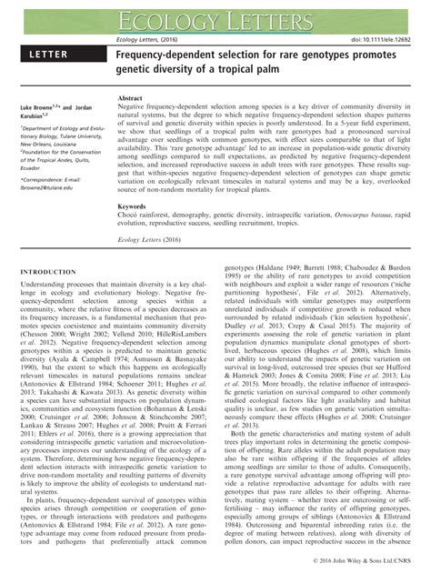 Pdf Frequency Dependent Selection For Rare Genotypes Promotes Genetic Diversity Of A Tropical Palm